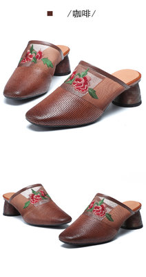 HZM006 Sandals Women'S Leather Embroidered Slippers Ethnic Lazy Shoes Hollow Breathable Retro Classic Women'S Shoes Embr