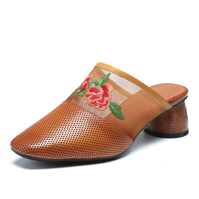 HZM006 Sandals Women'S Leather Embroidered Slippers Ethnic Lazy Shoes Hollow Breathable Retro Classic Women'S Shoes Embr