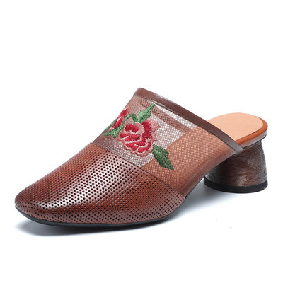 HZM006 Sandals Women'S Leather Embroidered Slippers Ethnic Lazy Shoes Hollow Breathable Retro Classic Women'S Shoes Embr