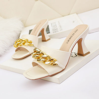 2035-3 Fashion Sexy High-Heeled Sandals Open Toe Thin Sandals Thick With Net Red Two-End Metal Chain Women'S Shoes High-