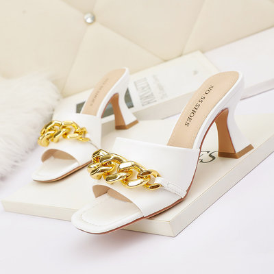 2035-3 Fashion Sexy High-Heeled Sandals Open Toe Thin Sandals Thick With Net Red Two-End Metal Chain Women'S Shoes High-