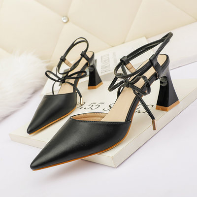 3668-6 Korean Fashion Pointed Shallow Mouth High Heels Nightclub Thin Sexy Thin Strap Sandals Thick Heel Net Red Women'S