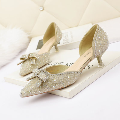 6868-3 European And American Sexy Pointed Pump High Heels Bowknot Rhinestone Hollow Sandals Stiletto Banquet Women'S Sho