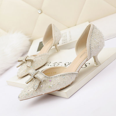 6868-3 European And American Sexy Pointed Pump High Heels Bowknot Rhinestone Hollow Sandals Stiletto Banquet Women'S Sho