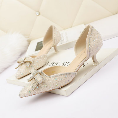 6868-3 European And American Sexy Pointed Pump High Heels Bowknot Rhinestone Hollow Sandals Stiletto Banquet Women'S Sho