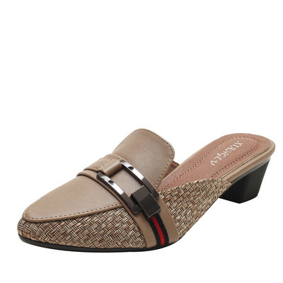 BS146 Baotou Half Tow Women'S Outer Wear Fashion Thick Heel Summer New Pointed Toe Mid-Heel Breathable Slippers Sandals