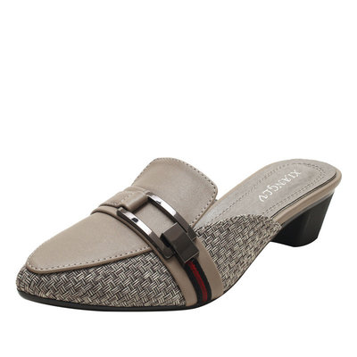 BS146 Baotou Half Tow Women'S Outer Wear Fashion Thick Heel Summer New Pointed Toe Mid-Heel Breathable Slippers Sandals