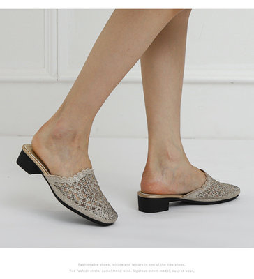 BS147 Women'S Baotou Sandals Summer New Style Outer Wear Mesh Breathable Rhinestone Mid-Heel Temperament Pointed Sandals