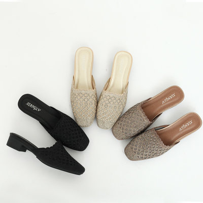 BS147 Women'S Baotou Sandals Summer New Style Outer Wear Mesh Breathable Rhinestone Mid-Heel Temperament Pointed Sandals