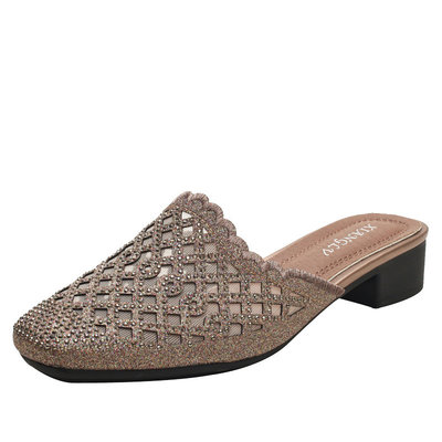 BS147 Women'S Baotou Sandals Summer New Style Outer Wear Mesh Breathable Rhinestone Mid-Heel Temperament Pointed Sandals