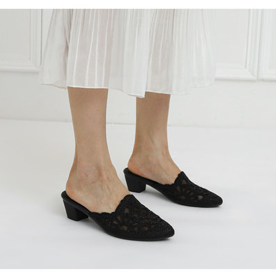 BS148 Pointed Toe Rhinestone Half Slippers Women 2021 Summer Mesh Mid-Heel Shoes Women Thick Heels Lace Sandals