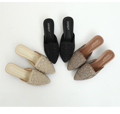 BS148 Pointed Toe Rhinestone Half Slippers Women 2021 Summer Mesh Mid-Heel Shoes Women Thick Heels Lace Sandals