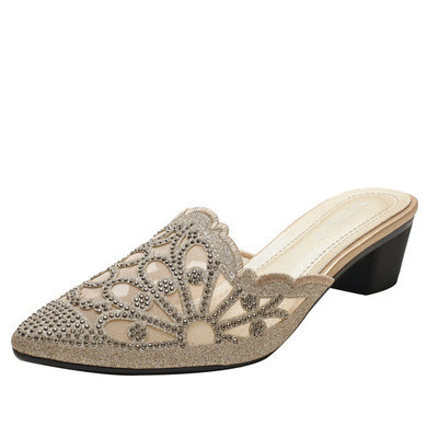 BS148 Pointed Toe Rhinestone Half Slippers Women 2021 Summer Mesh Mid-Heel Shoes Women Thick Heels Lace Sandals