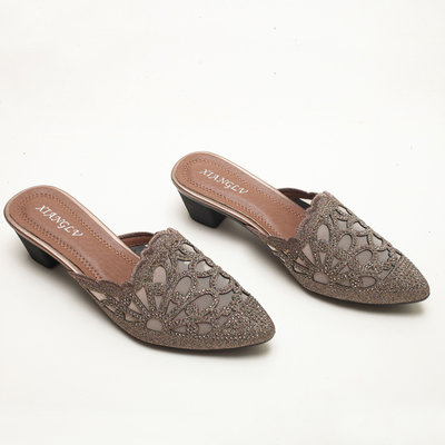 BS148 Pointed Toe Rhinestone Half Slippers Women 2021 Summer Mesh Mid-Heel Shoes Women Thick Heels Lace Sandals