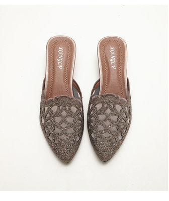 BS148 Pointed Toe Rhinestone Half Slippers Women 2021 Summer Mesh Mid-Heel Shoes Women Thick Heels Lace Sandals