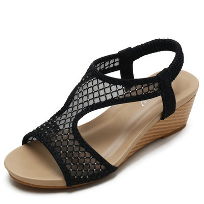 BS150 Wedge Heel Sandals Women'S Summer New Fashion Elastic Band Mid-Heel Fish Mouth Breathable Mesh Roman Shoes Sandals
