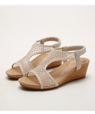 BS150 Wedge Heel Sandals Women'S Summer New Fashion Elastic Band Mid-Heel Fish Mouth Breathable Mesh Roman Shoes Sandals