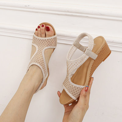 BS150 Wedge Heel Sandals Women'S Summer New Fashion Elastic Band Mid-Heel Fish Mouth Breathable Mesh Roman Shoes Sandals
