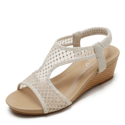 BS150 Wedge Heel Sandals Women'S Summer New Fashion Elastic Band Mid-Heel Fish Mouth Breathable Mesh Roman Shoes Sandals
