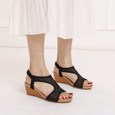 BS150 Wedge Heel Sandals Women'S Summer New Fashion Elastic Band Mid-Heel Fish Mouth Breathable Mesh Roman Shoes Sandals