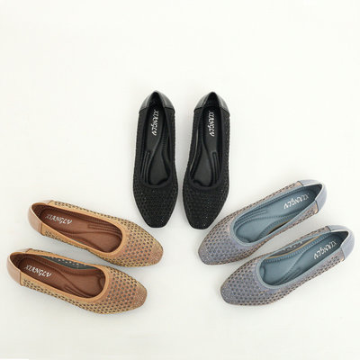 BS153 Mesh Sandals Hollow Single Shoes New Flat Soft Bottom Pressure Drill Women'S Shoes Fashionable Mother Shoes Comfor