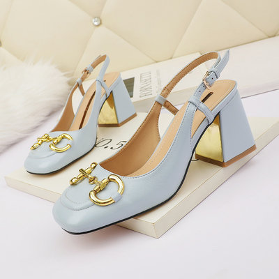1866-1 Sexy High Heels Horsebit Mary Jane Women'S Shoes Square Toe Thick Heel Single Shoes Women Summer Mid-Heel Sandals