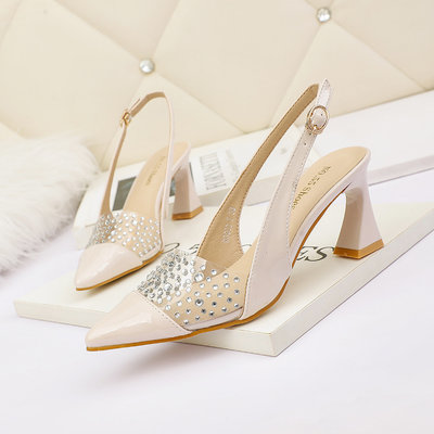 3668-7 Korean Fashion Pointed Shallow Mouth High Heels Rhinestone Net Red Thin Sandals With Thick Heels