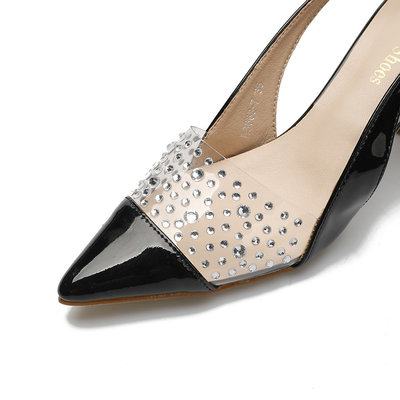 3668-7 Korean Fashion Pointed Shallow Mouth High Heels Rhinestone Net Red Thin Sandals With Thick Heels