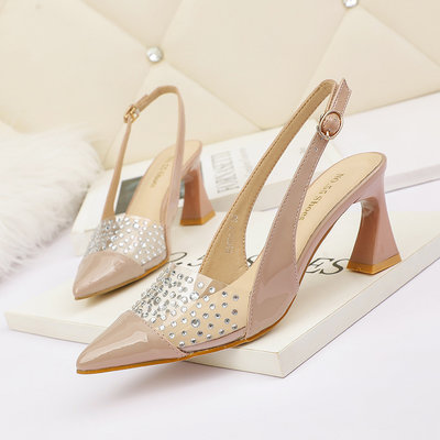 3668-7 Korean Fashion Pointed Shallow Mouth High Heels Rhinestone Net Red Thin Sandals With Thick Heels