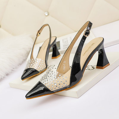 3668-7 Korean Fashion Pointed Shallow Mouth High Heels Rhinestone Net Red Thin Sandals With Thick Heels