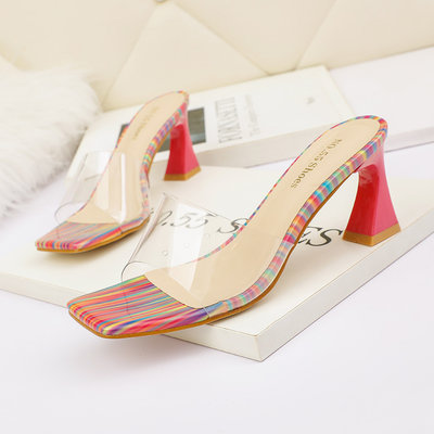 5569-2 Korean Fashion Open Toe High Heels Transparent Thin Sexy Sandals Thick Heel Net Celebrity Party Sandals Women'S S