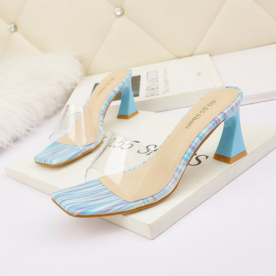 5569-2 Korean Fashion Open Toe High Heels Transparent Thin Sexy Sandals Thick Heel Net Celebrity Party Sandals Women'S S