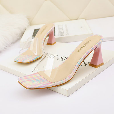 5569-2 Korean Fashion Open Toe High Heels Transparent Thin Sexy Sandals Thick Heel Net Celebrity Party Sandals Women'S S