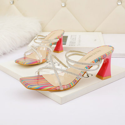 5569-3 Sexy Open-Toed High Heels Are Thin Rhinestone Cross Strap Sandals Thick Heel Net Celebrity Banquet Women'S Shoes