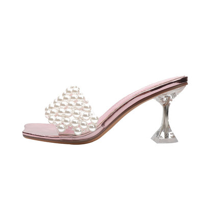 7018-3 Korean Fashion Open Toe High Heels Square Toe Pearl Thin Sandals Fine Heel Net Red Wild Cat With Sandals