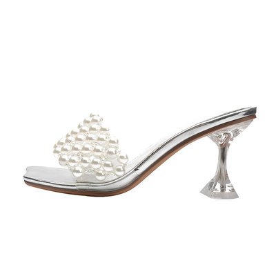 7018-3 Korean Fashion Open Toe High Heels Square Toe Pearl Thin Sandals Fine Heel Net Red Wild Cat With Sandals