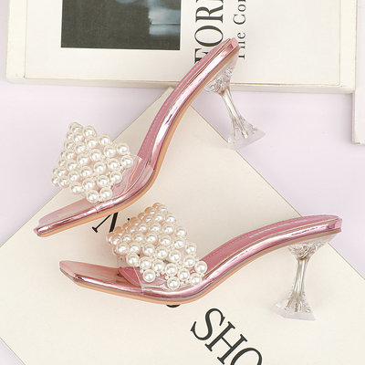 7018-3 Korean Fashion Open Toe High Heels Square Toe Pearl Thin Sandals Fine Heel Net Red Wild Cat With Sandals