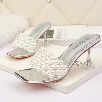 7018-3 Korean Fashion Open Toe High Heels Square Toe Pearl Thin Sandals Fine Heel Net Red Wild Cat With Sandals
