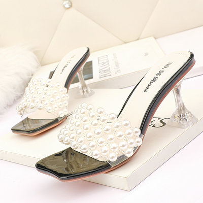 7018-3 Korean Fashion Open Toe High Heels Square Toe Pearl Thin Sandals Fine Heel Net Red Wild Cat With Sandals