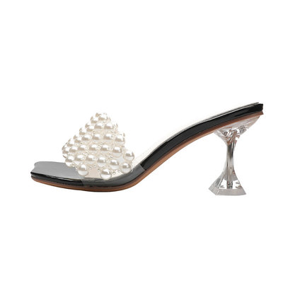 7018-3 Korean Fashion Open Toe High Heels Square Toe Pearl Thin Sandals Fine Heel Net Red Wild Cat With Sandals
