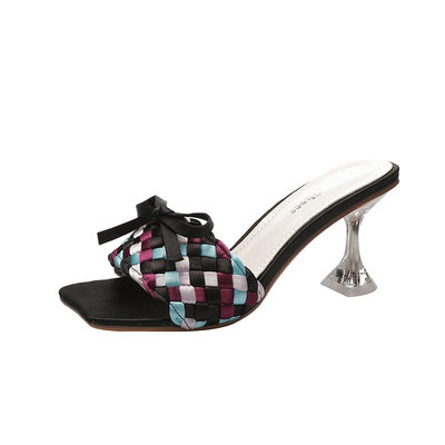 7018-6 European And American Sexy Square Toe Open Toe High Heels Bow Knot Thin Sandals Fine Heel Net Celebrity Party San