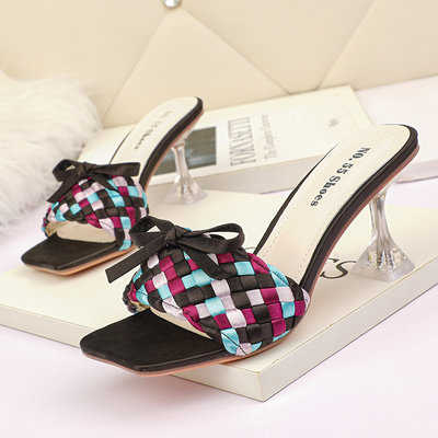 7018-6 European And American Sexy Square Toe Open Toe High Heels Bow Knot Thin Sandals Fine Heel Net Celebrity Party San