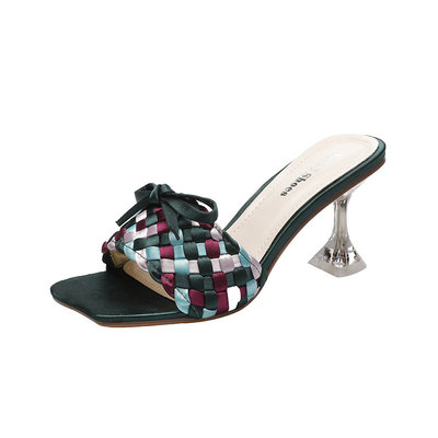 7018-6 European And American Sexy Square Toe Open Toe High Heels Bow Knot Thin Sandals Fine Heel Net Celebrity Party San