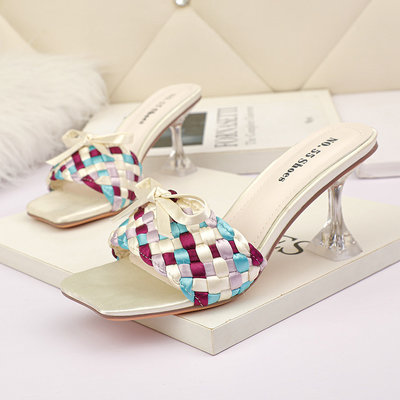 7018-6 European And American Sexy Square Toe Open Toe High Heels Bow Knot Thin Sandals Fine Heel Net Celebrity Party San