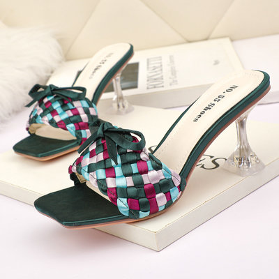 7018-6 European And American Sexy Square Toe Open Toe High Heels Bow Knot Thin Sandals Fine Heel Net Celebrity Party San