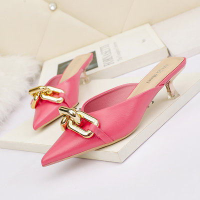 8001-2 Korean Fashion Pointed Shallow Mouth High Heels Metal Buckle Thin Sexy Sandals Stiletto Net Red Sandals