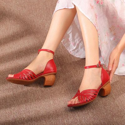 HZM010 Leather Sandals Women'S Summer New Style Thick Heel Casual All-Match Sandals Female Buckle One Word Belt Female S