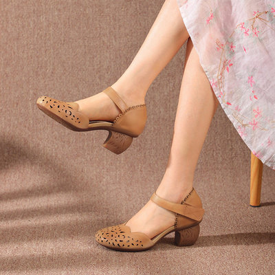 HZM011 Genuine Leather Women'S Shoes 2021 New First Layer Cowhide Women'S Sandals Hollow Carved High-Heel Shoes Casual A