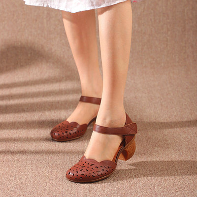 HZM011 Genuine Leather Women'S Shoes 2021 New First Layer Cowhide Women'S Sandals Hollow Carved High-Heel Shoes Casual A
