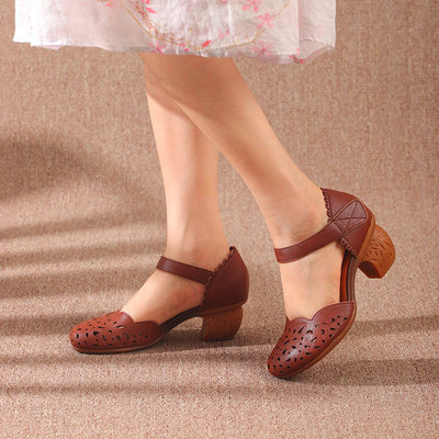 HZM011 Genuine Leather Women'S Shoes 2021 New First Layer Cowhide Women'S Sandals Hollow Carved High-Heel Shoes Casual A